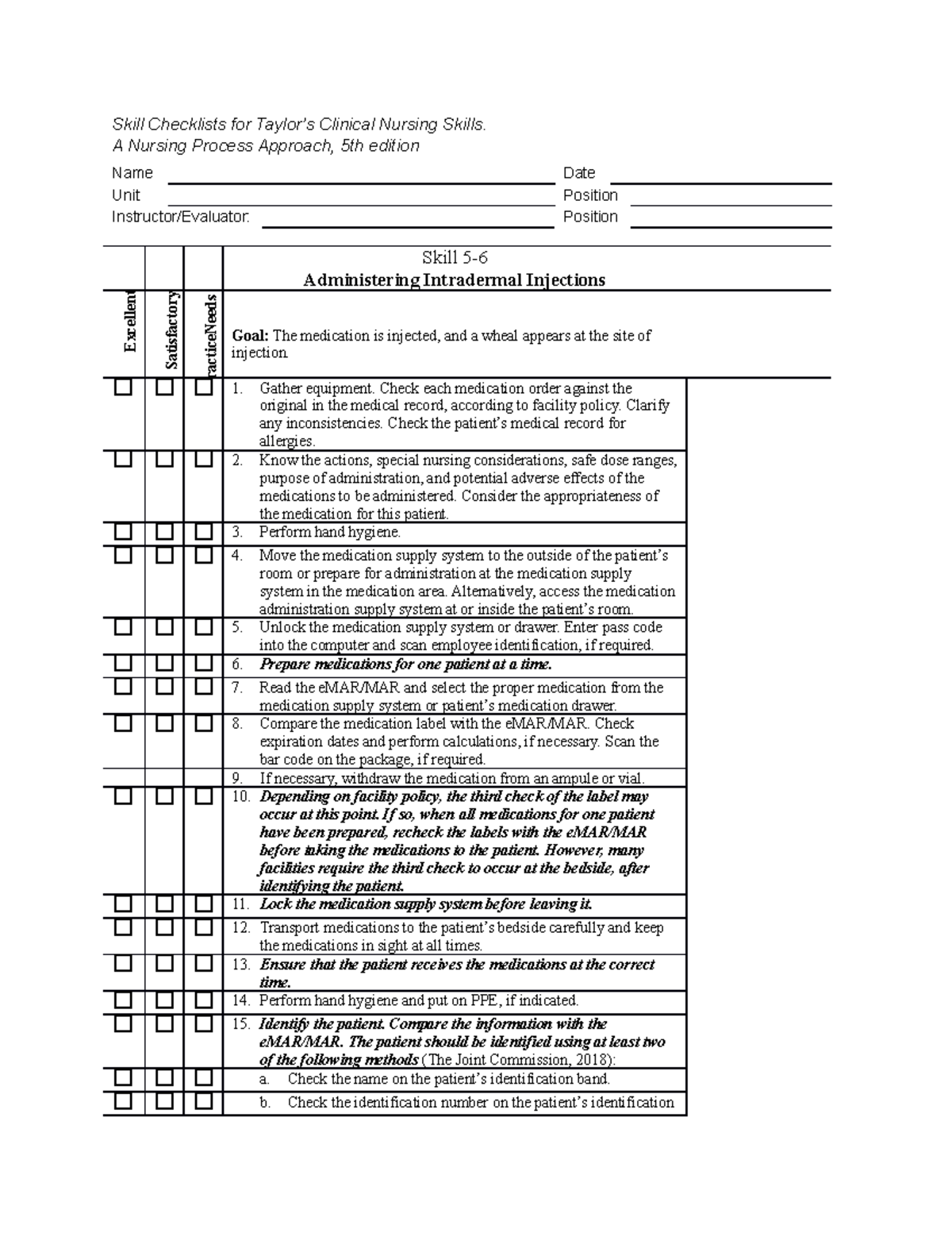 Skill Checklists for Intradermal Injection - Skill Checklists for ...