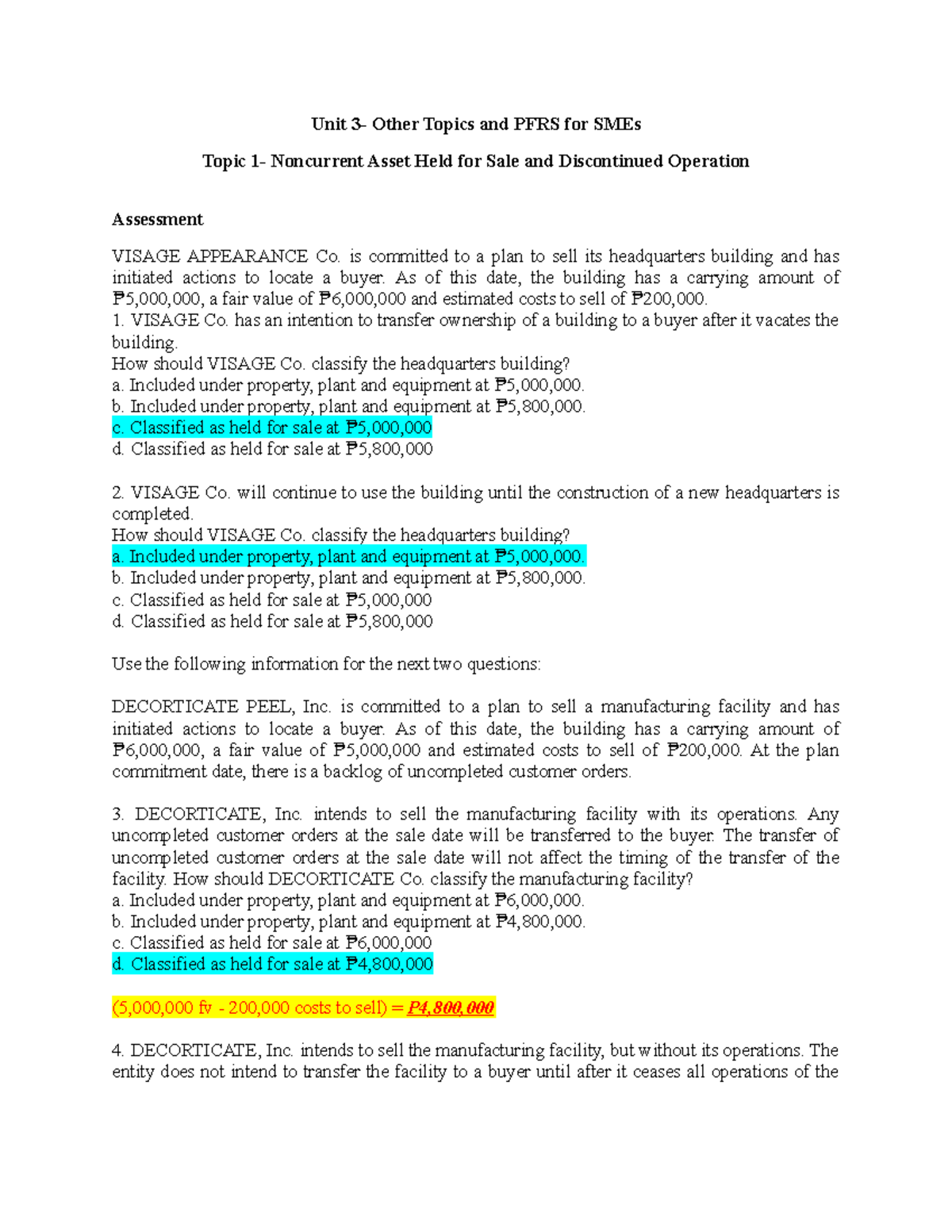 Unit 3- Other Topics and PFRS for SMEs - is committed to a plan to sell ...