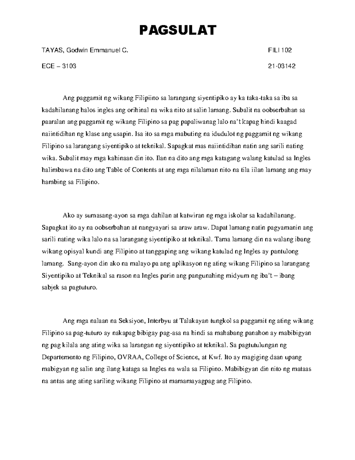 Pagsulat Tayasgt - PAGSULAT TAYAS, Godwin Emmanuel C. FILI 102 ECE ...