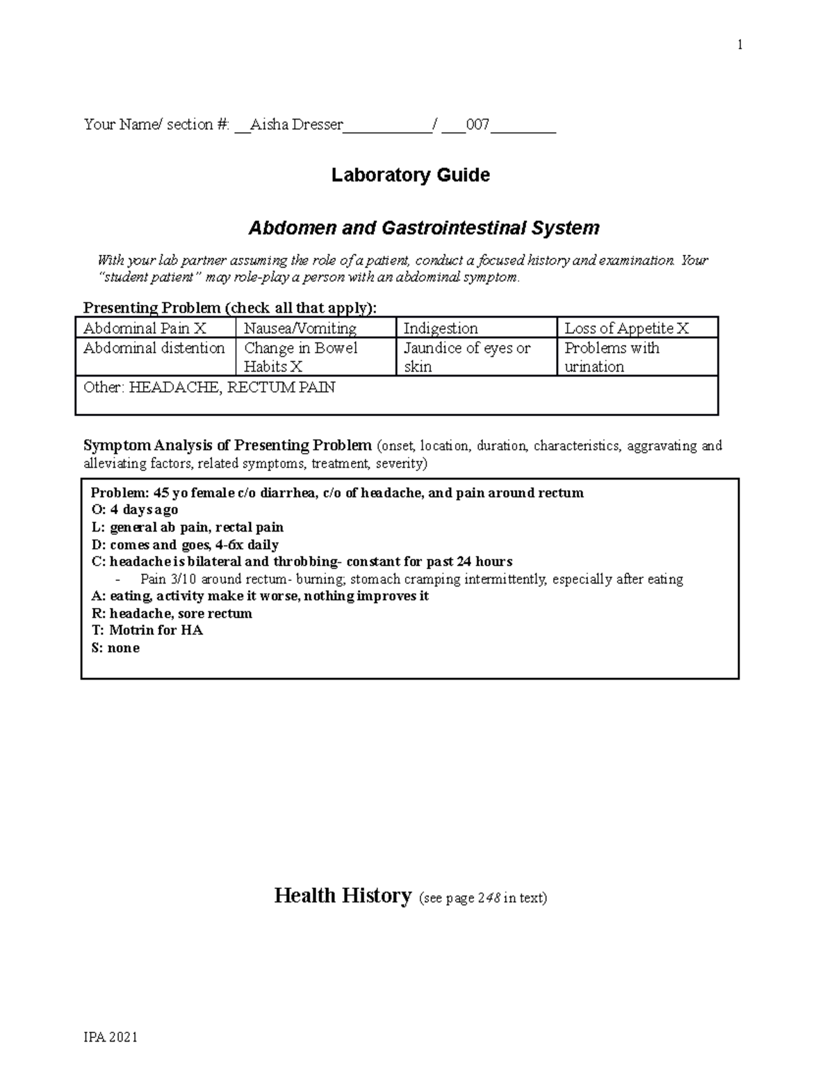 L8 Abdominal and GI system - Your Name/ section #: Aisha Dresser ...