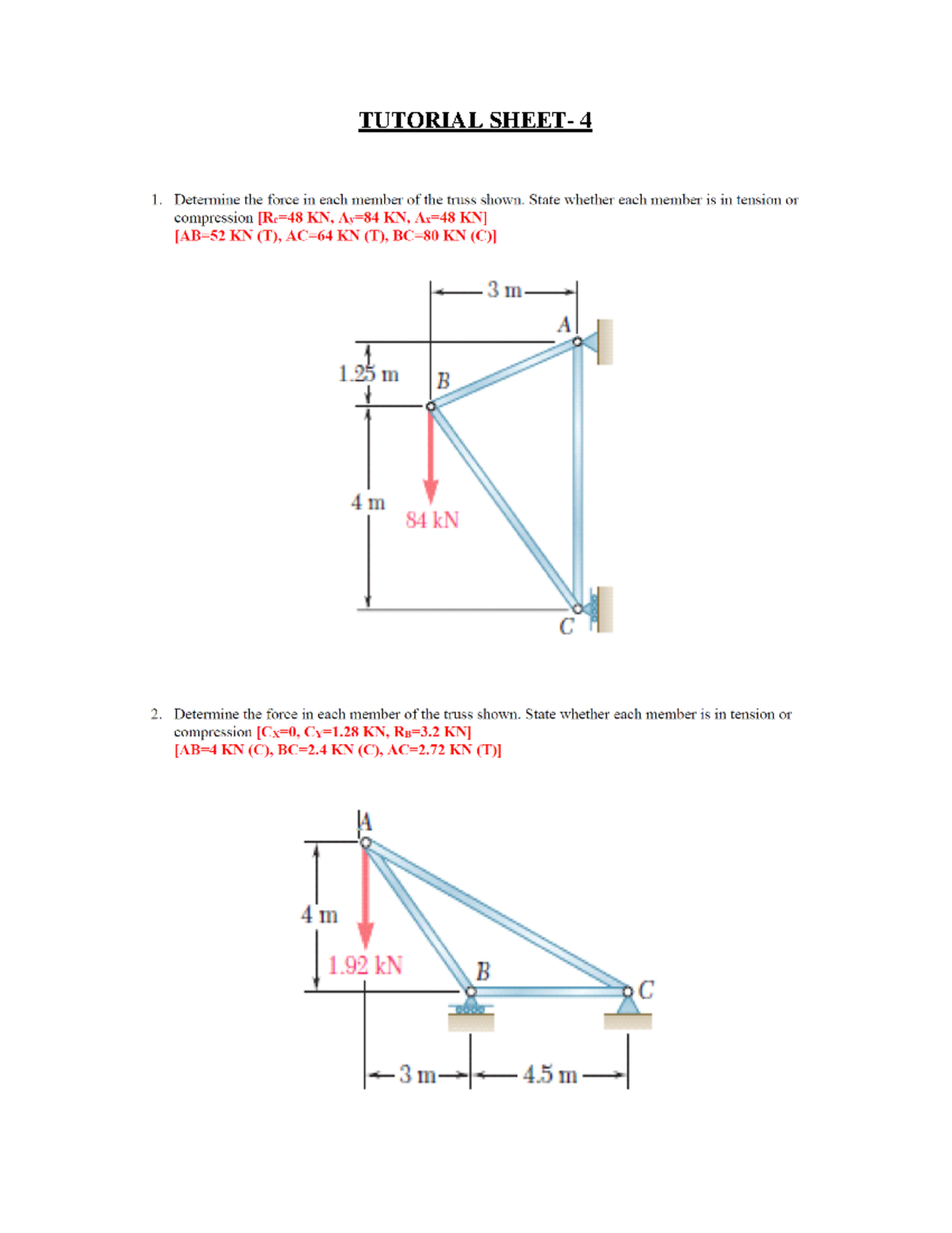UNIT-6-Tutorial sheet - computer science - TUTORIAL SHEET- 4. Find the forces in members AB, AC ...