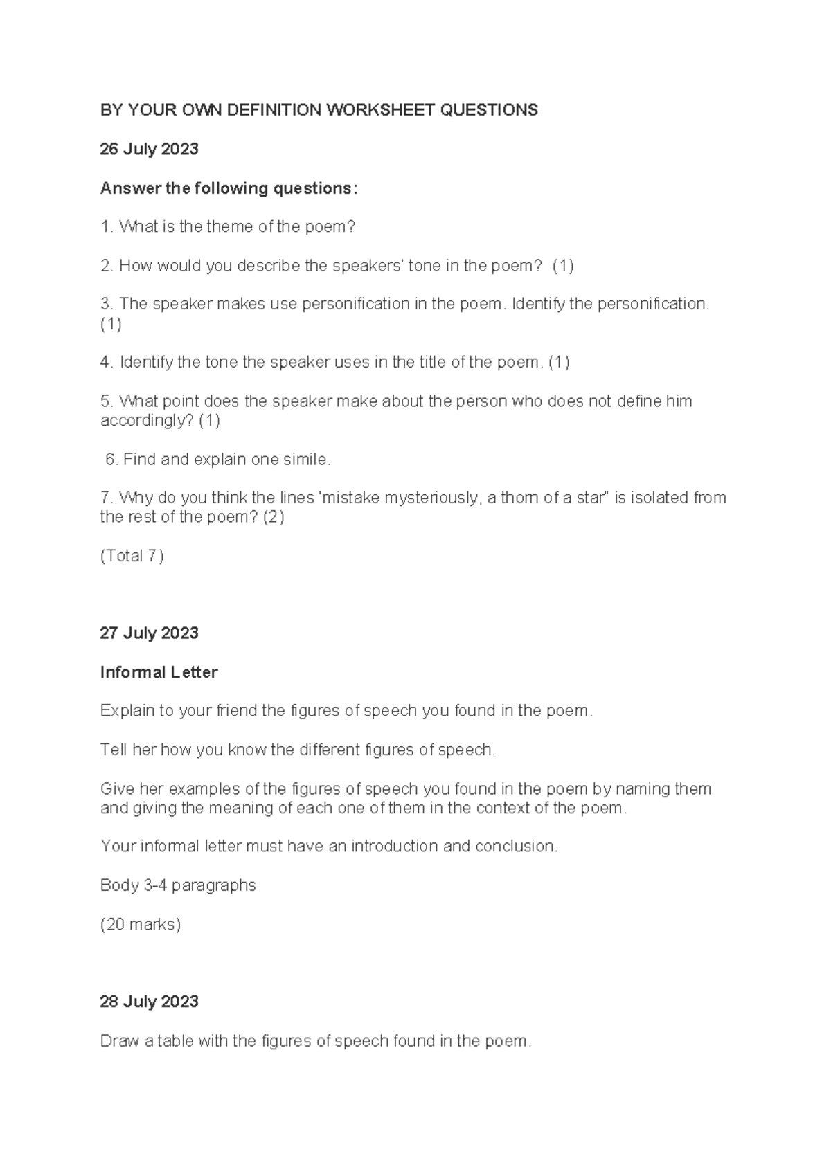 BY YOUR OWN Definition Worksheet Questions - BY YOUR OWN DEFINITION ...