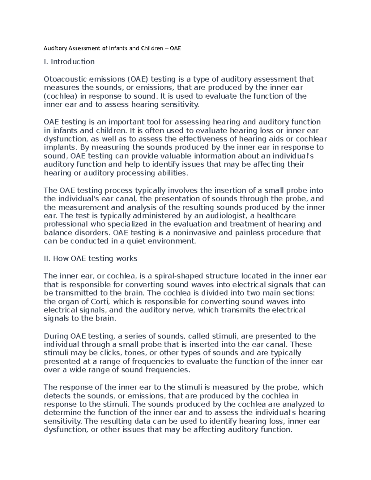 Auditory Assessment of Infants and Childre - OAE - Introduction ...