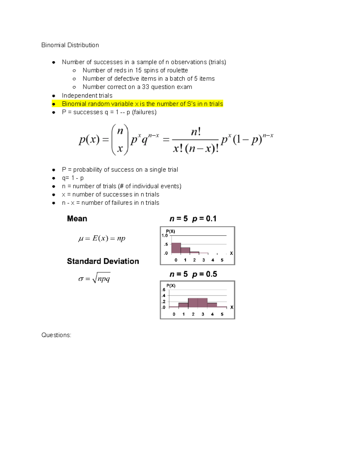 Bus Stats 2nd Midterm Review - Binomial Distribution Number of ...