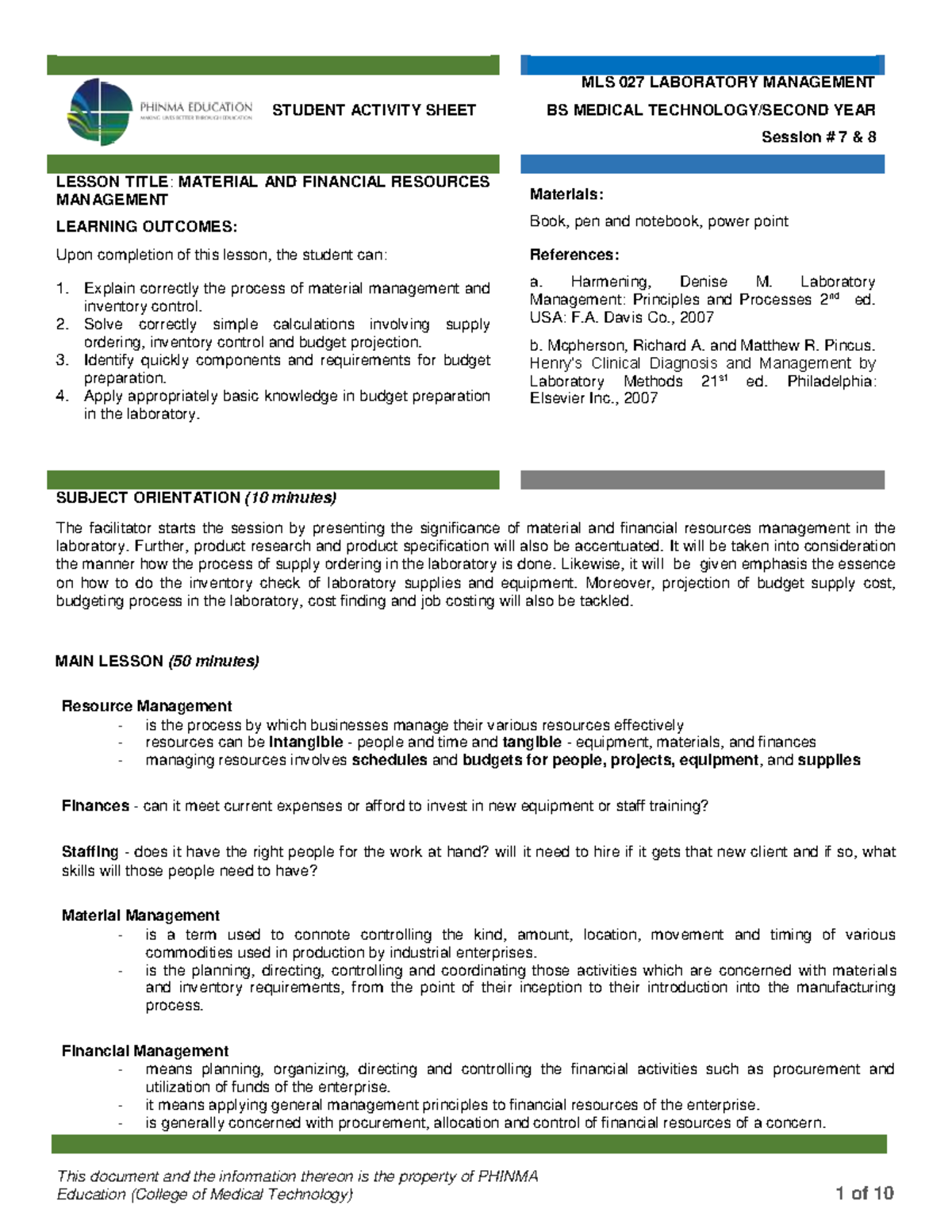 MLS 027 Lab Man Modules 7 amp 8 - This document and the information ...