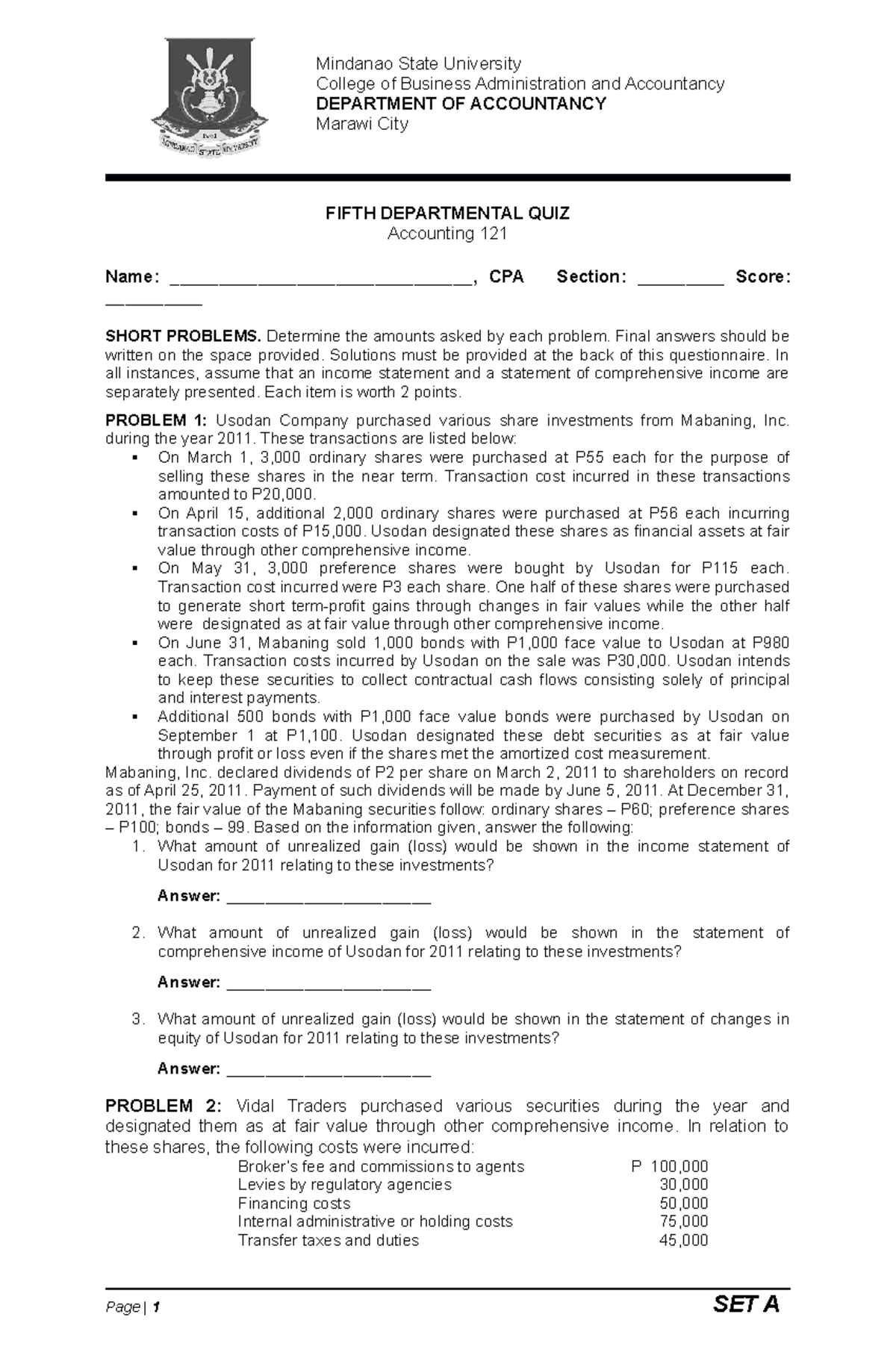 Fifth Departmental Quiz - Copy - Mindanao State University College of ...