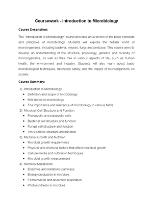 Coursework - Microbial Cell Structure and Function - Students will study cell components ...