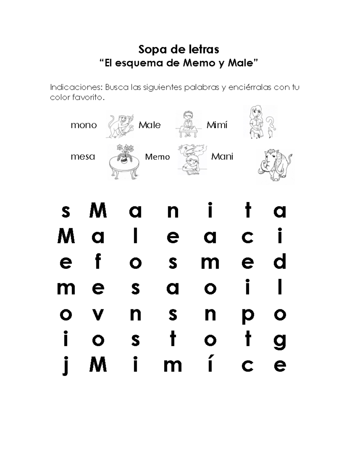 Sopa de Letras. El esquema de Memo y Male - Psicología - Sopa de letras ...