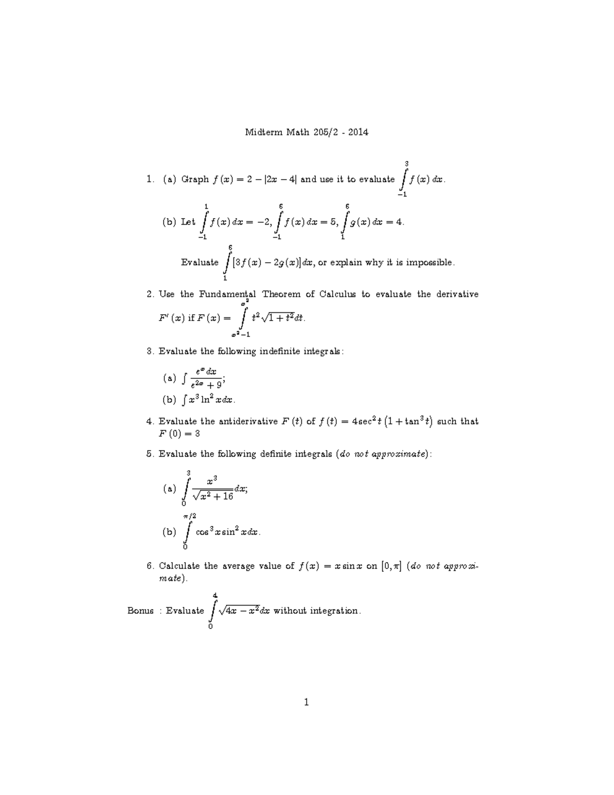 Exam 2014, questions and answers - Math exam sample for midterm with solution - Midterm Math 205 ...