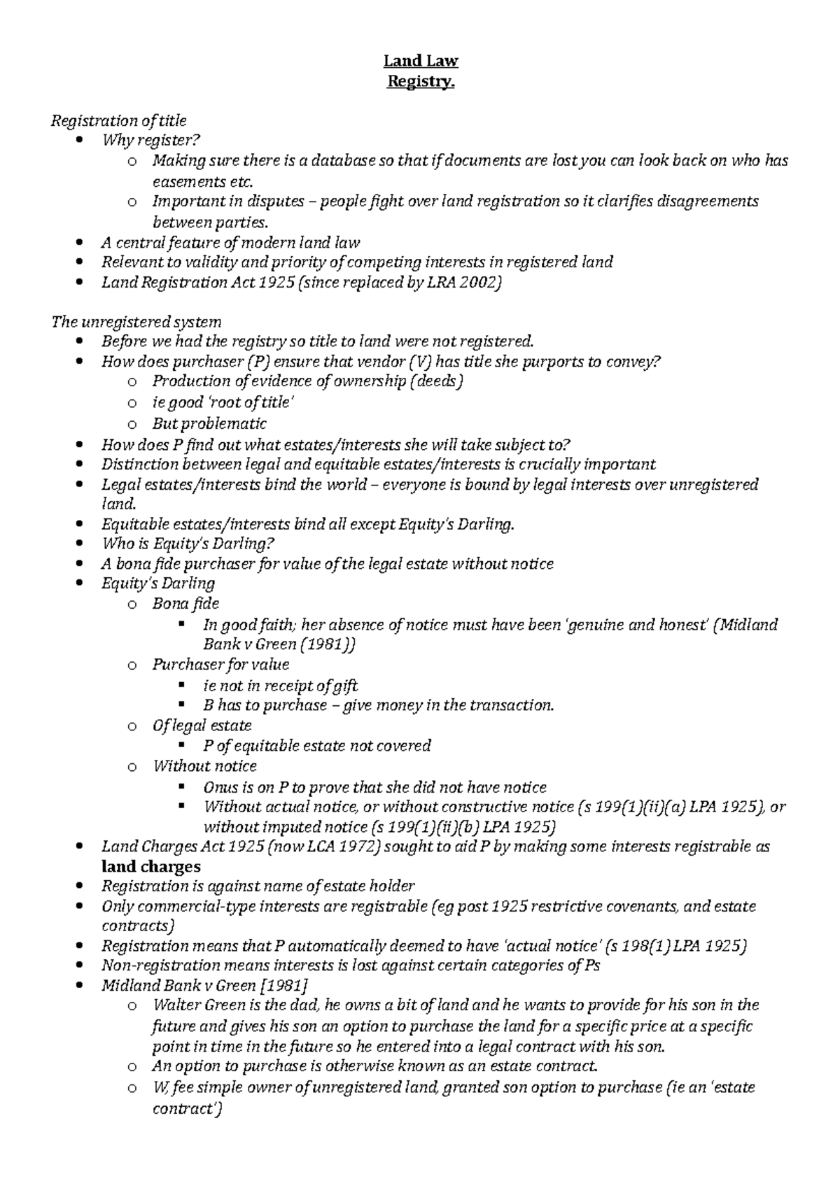 Registry Lecture Notes Land Law Registry Registration Of Title Why Register O Making Sure 