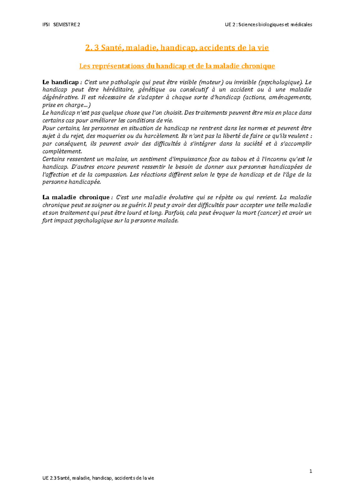 S2 UE2.3 - Cours IFSI - 2. 3 Santé, maladie, handicap, accidents de la ...