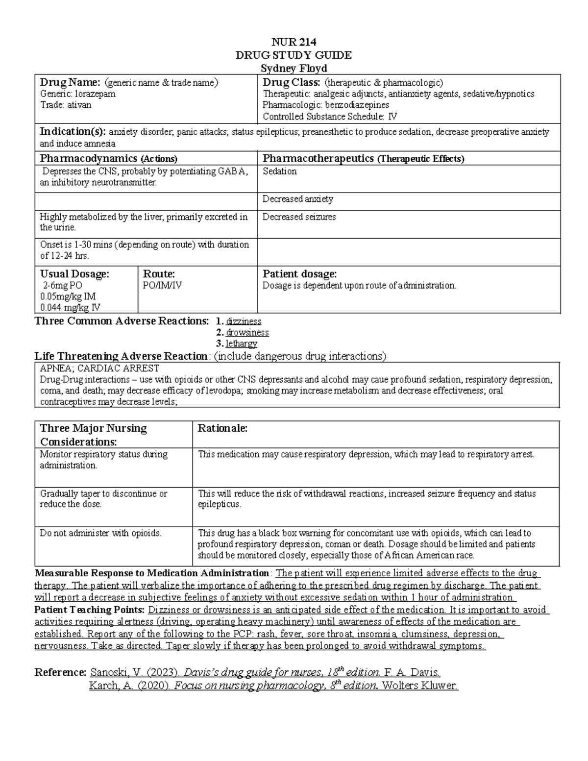 Lorazepam - medication template - NUR 214 DRUG STUDY GUIDE Sydney Floyd ...