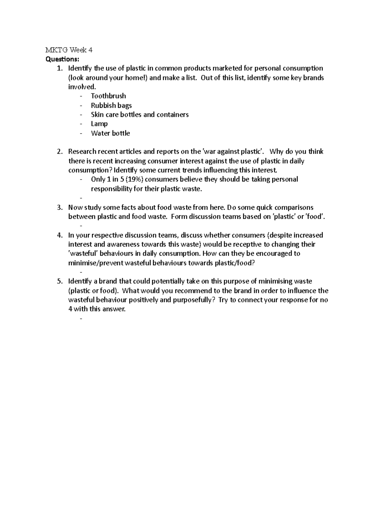 Mktg Week 4 And Lecture Notes Tutorial Mktg Week 4 Questions 1 Identify The Use Of Plastic