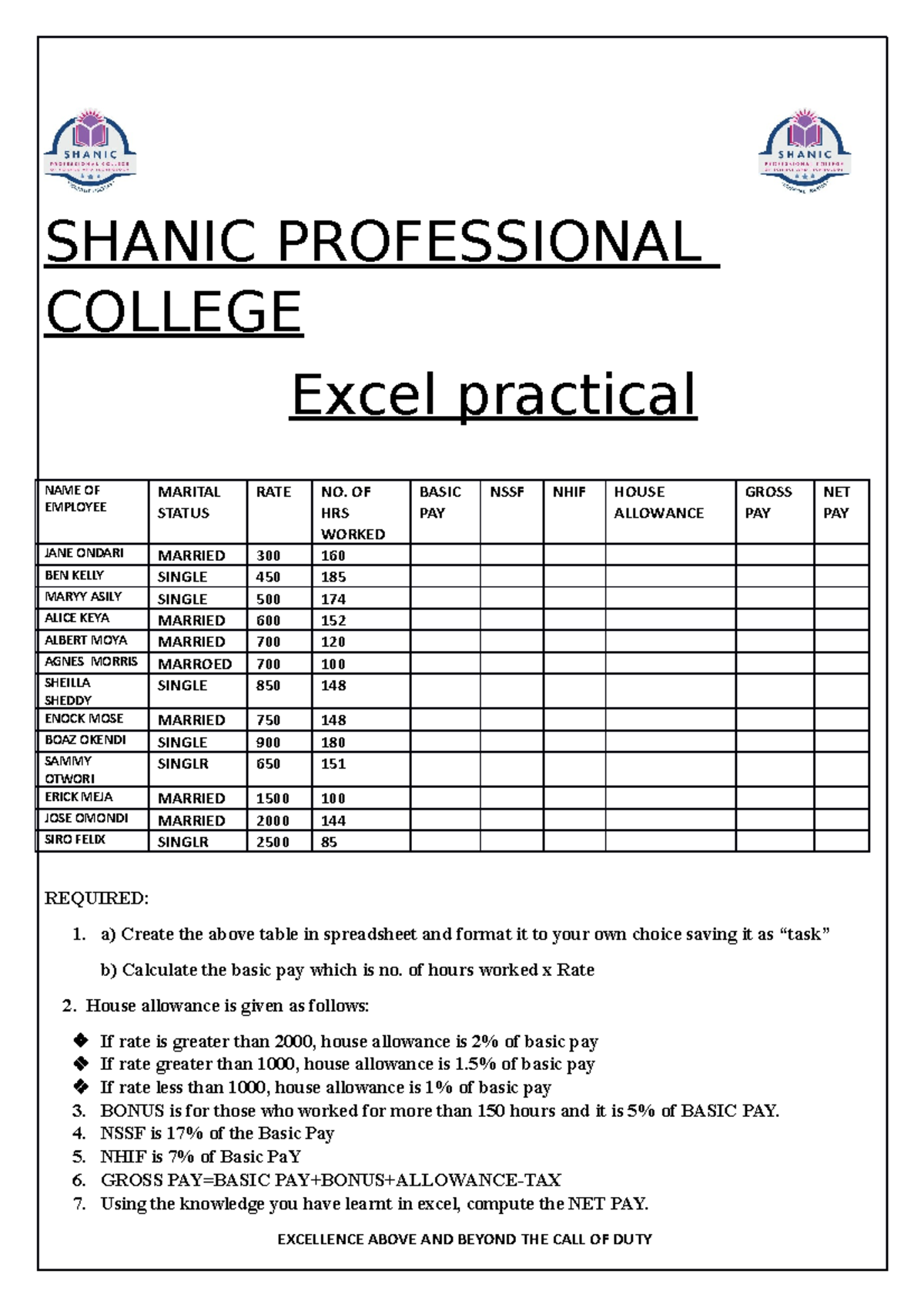Excel Practical - assignments - SHANIC PROFESSIONAL COLLEGE Excel practical NAME OF EMPLOYEE ...