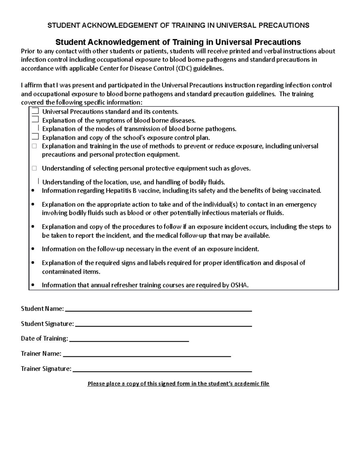 AHP101 Standard Precautions Student Acknowledgement - STUDENT ...