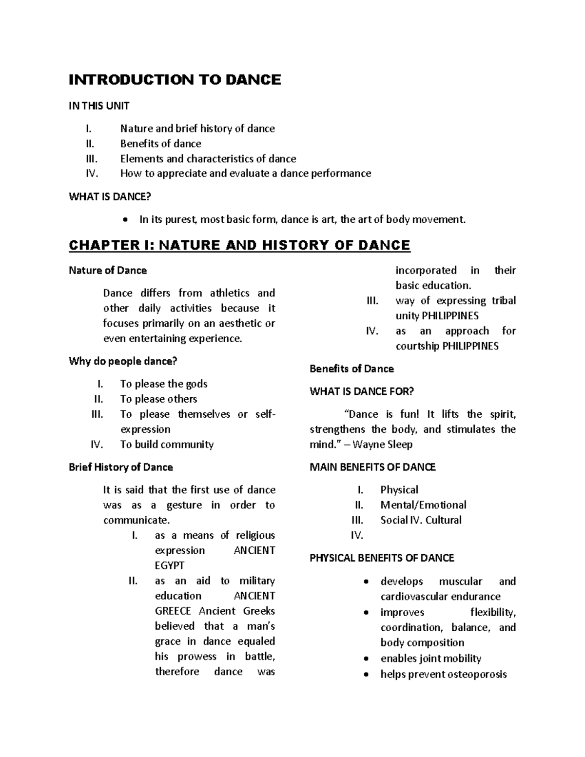 01- Introduction TO Dance - INTRODUCTION TO DANCE IN THIS UNIT I ...