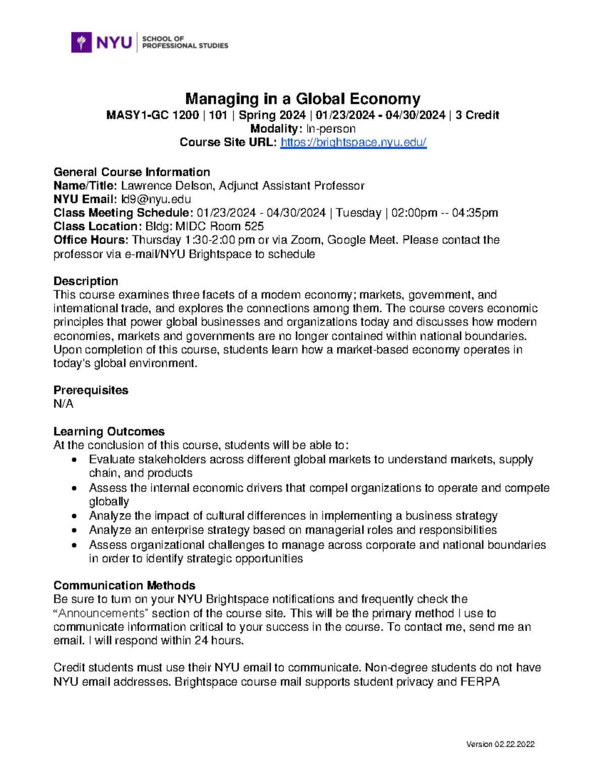 Delson MASY1-GC1200-101 Managing in a Global Economy Spring 2024 Final ...