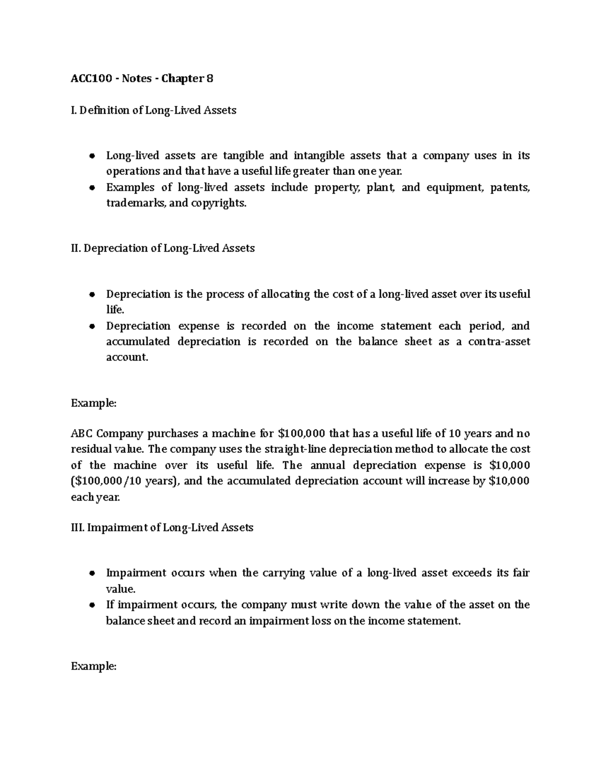 ACC100 - Notes - Chapter 8 - Definition of Long-Lived Assets Long-lived ...