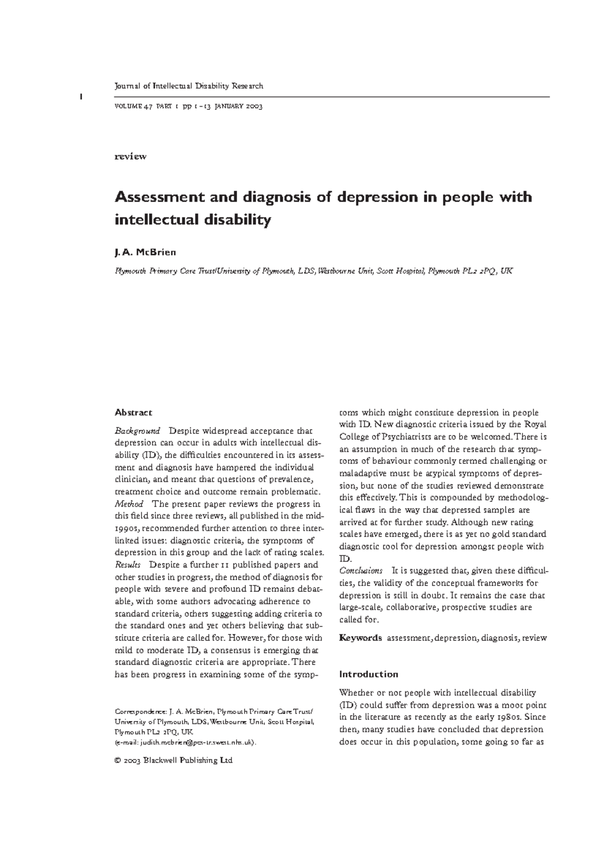 Depression in people with intellectual disability - Journal of ...