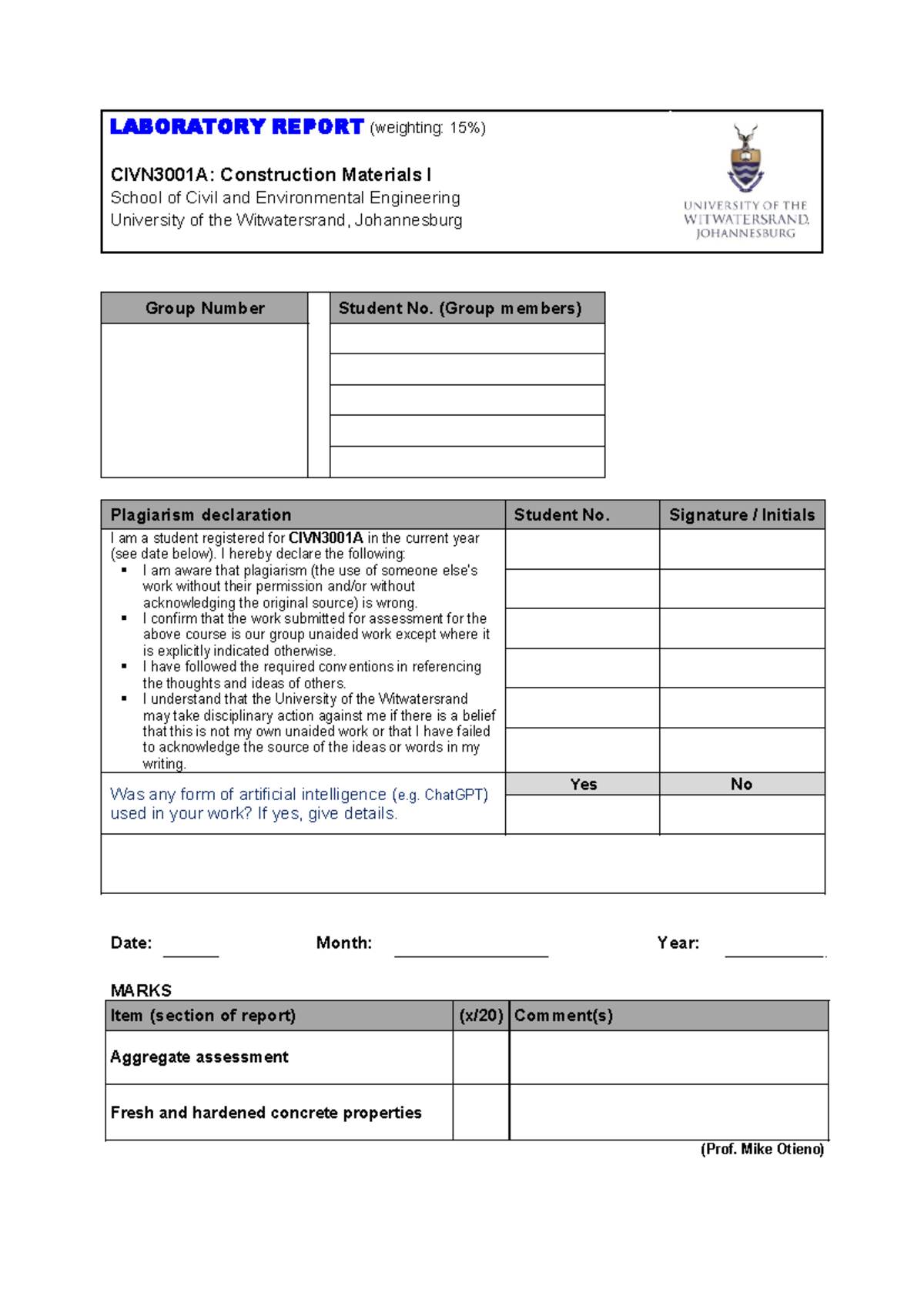(Group No. XX) - CIVN3001 A - Lab Report Template (u Lwazi ...
