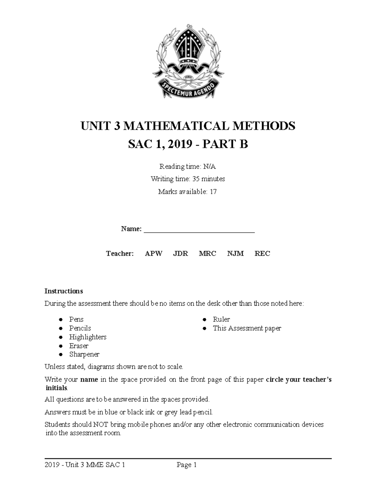 CGS 2019 12MME SAC 1 - Practice SAC - UNIT 3 MATHEMATICAL METHODS SAC 1 ...