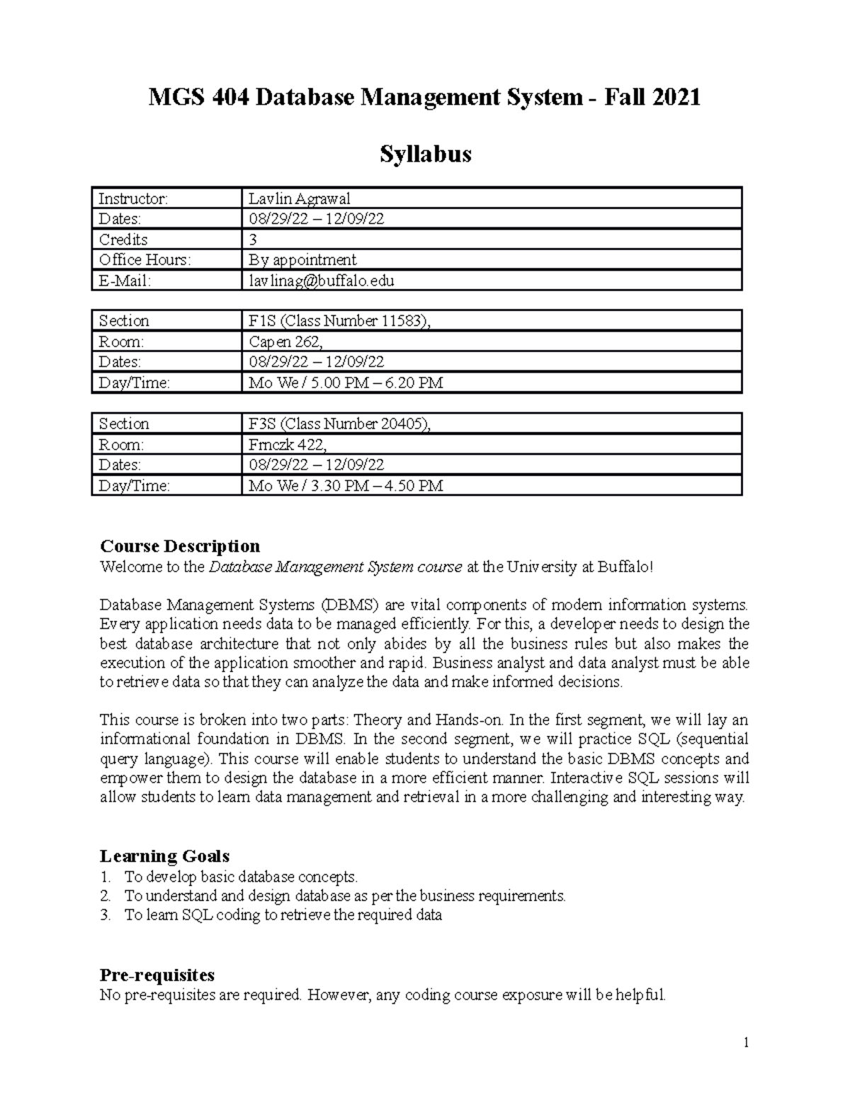 MGS404 - DBMS - Syllabus - MGS 404 Database Management System - Fall ...