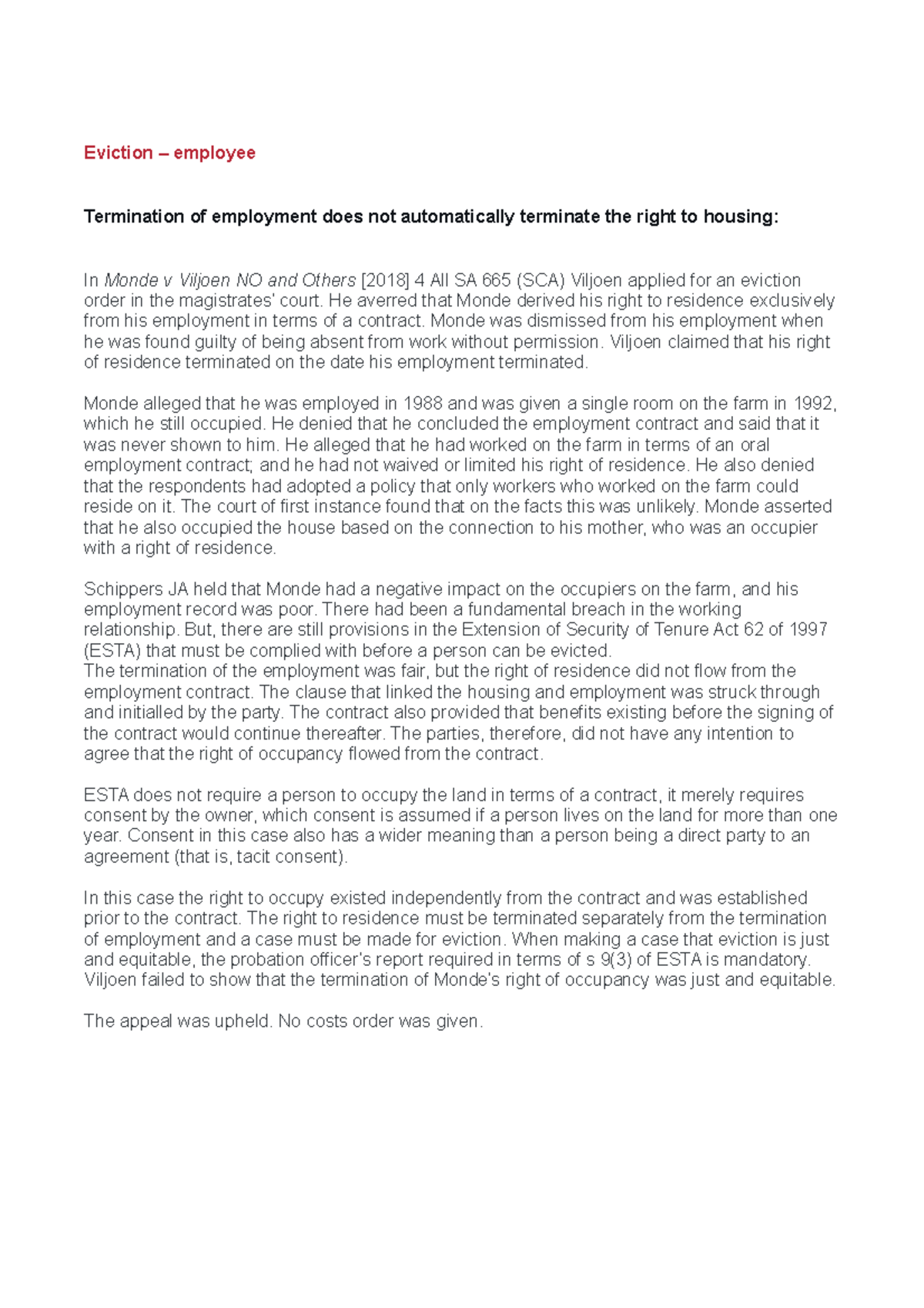 Evicting Employee CASE LAW - Eviction – employee Termination of ...