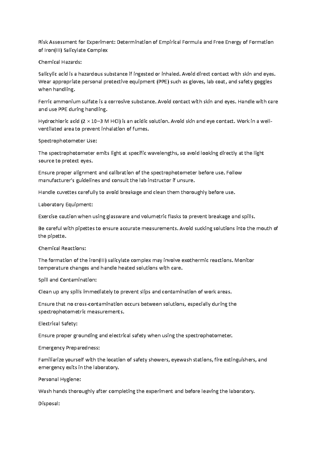 Risk Assessment for Experiment - Avoid direct contact with skin and ...