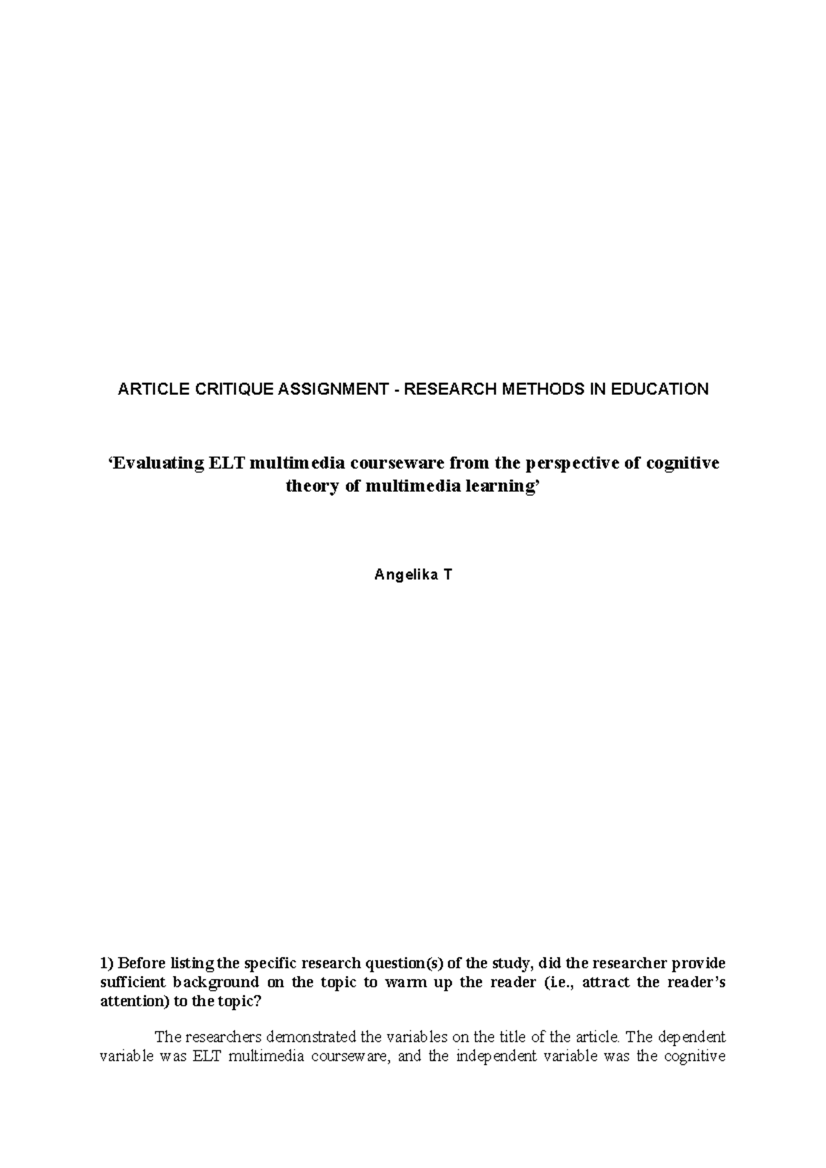 Article critique - Research Methods IN Education - ARTICLE CRITIQUE ...