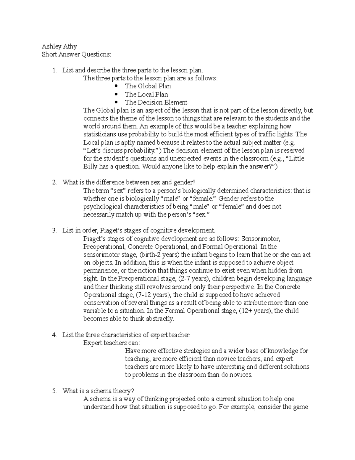 Short Answer Questions Lesson Plan And Piaget s Stages Ashley Athy