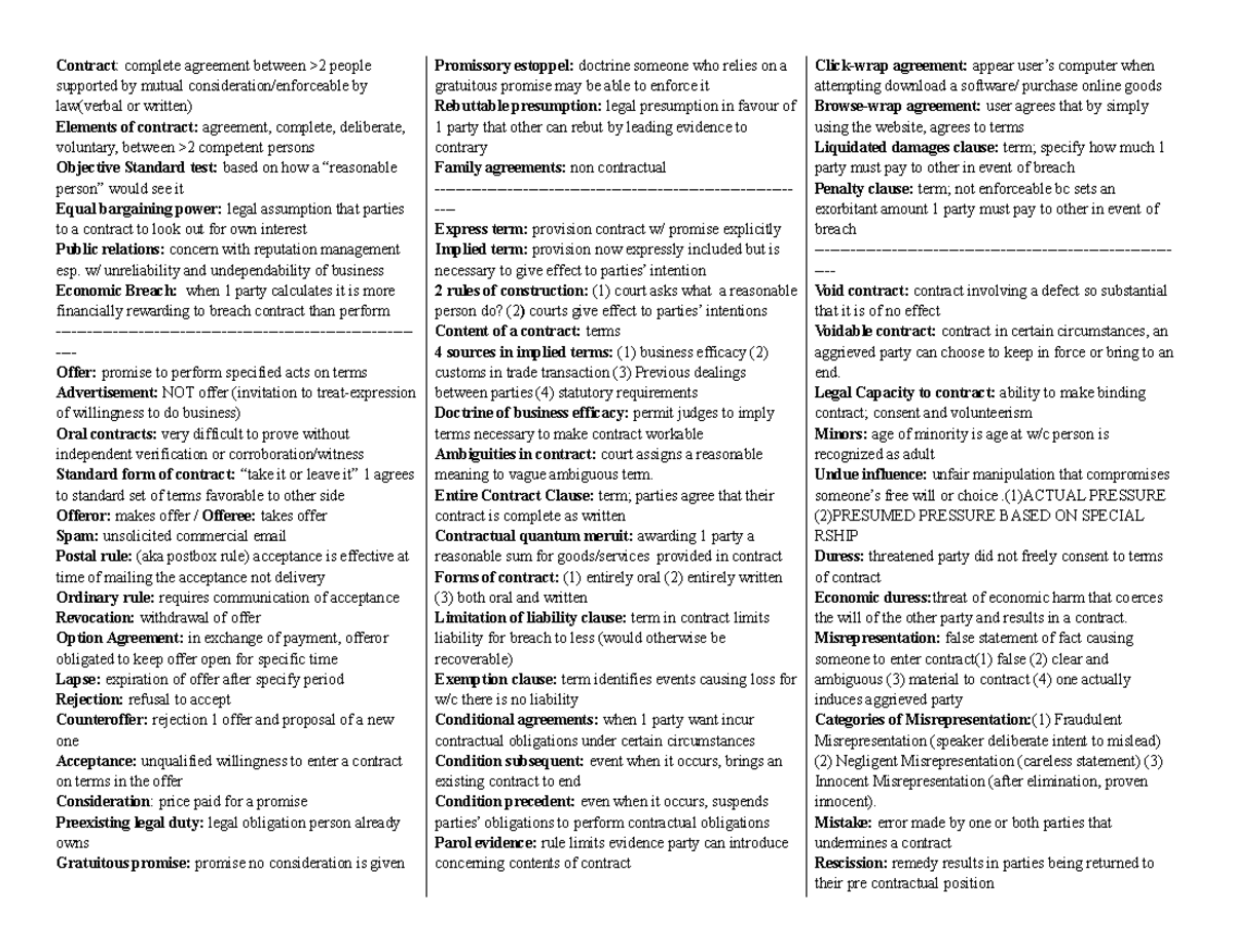 MGMT3230 FINAL EXAM REFERENCE SHEET - Contract: complete agreement ...