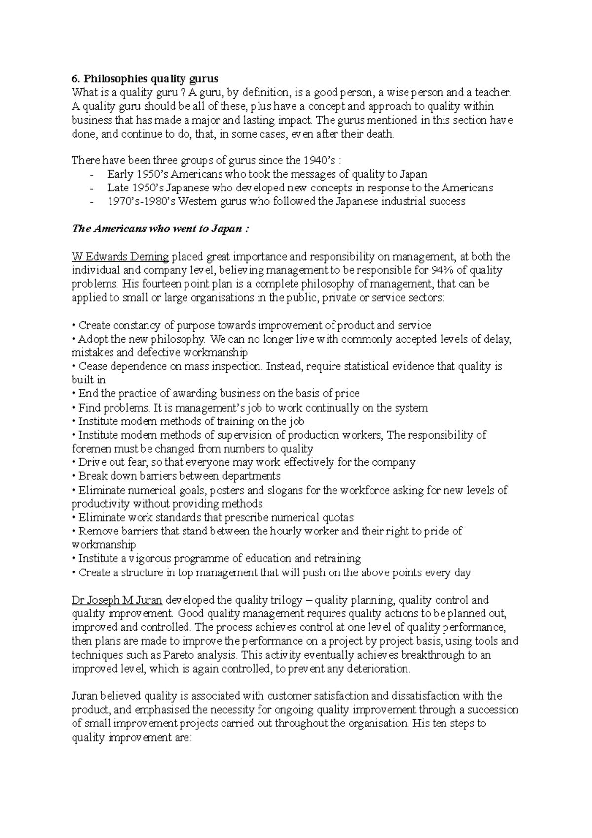 6 and 9 - summary - Philosophies quality gurus What is a quality guru ...