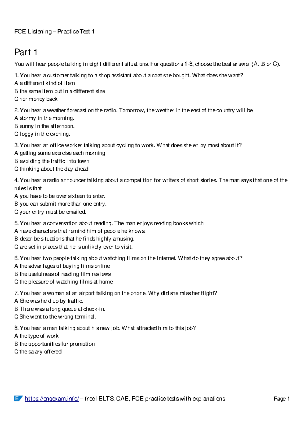 FCE Listening Practice Test 1 Printable - Part 1 You will hear people ...
