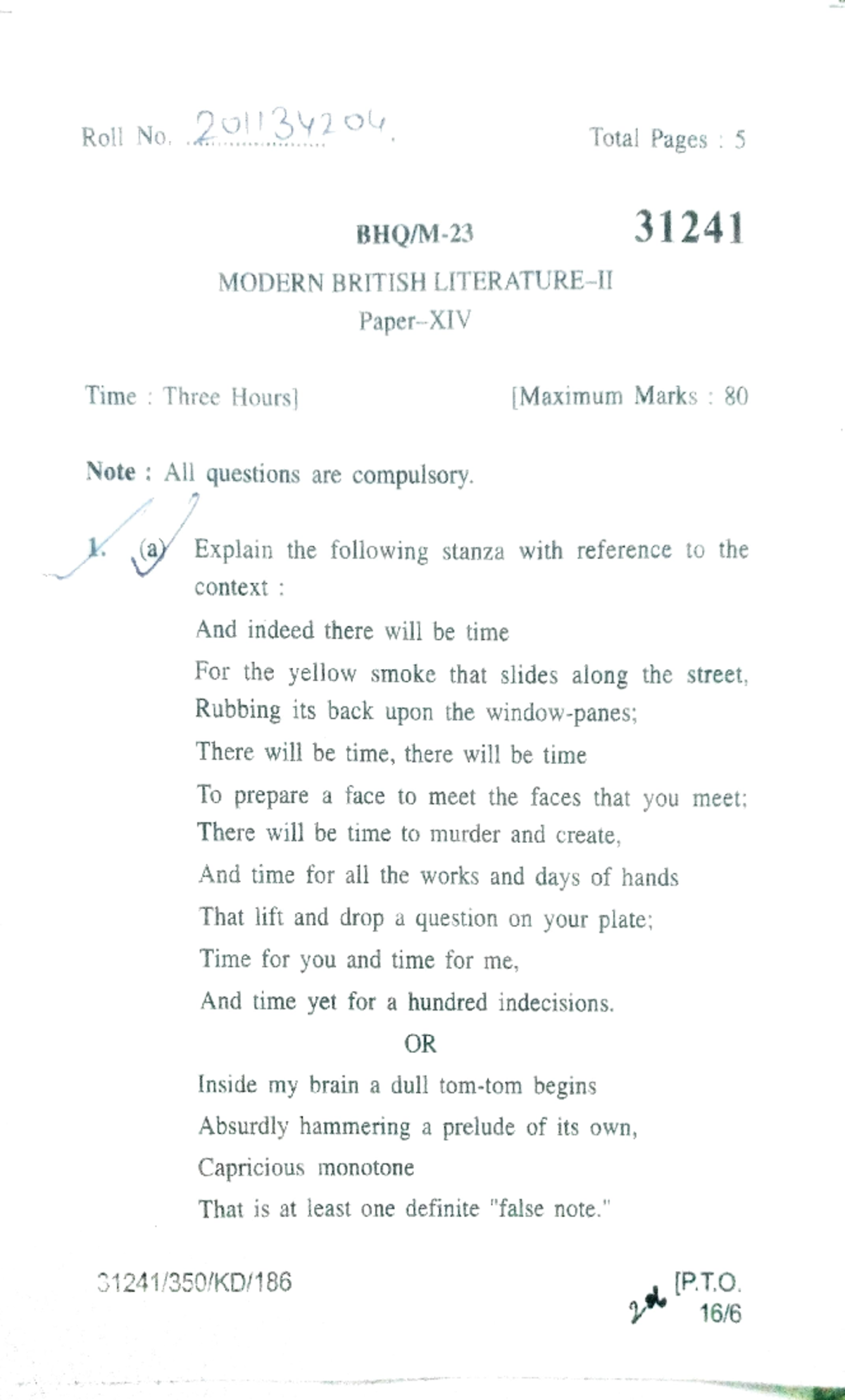 June 23 - Roll No oG Time : Three Hours MODERN BRITISH LITERATURE-II ...