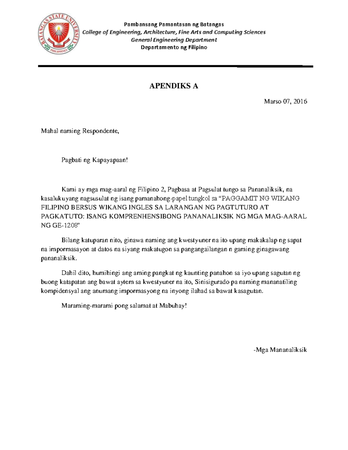 Sarbey kwestyuneyr Sample Ng PANANALIKSIK - Filipino Sa Iba't-ibang ...