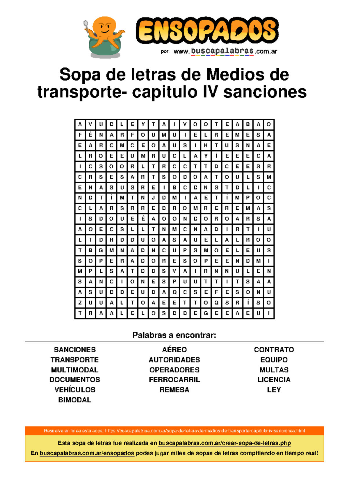 Sopa de letras de medios de transporte capitulo iv sanciones - Sopa de ...