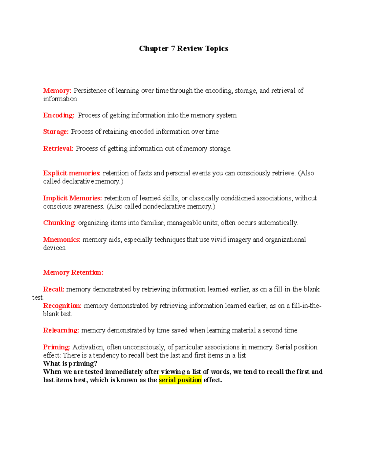 Chapter 7 Review Topics - Chapter 7 Review Topics Memory: Persistence of learning over time ...