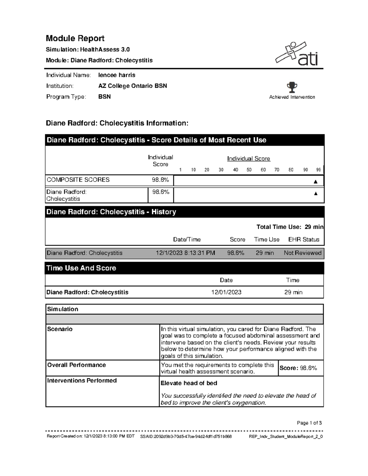 diane radford ATI - Module Report Achieved Intervention Simulation ...
