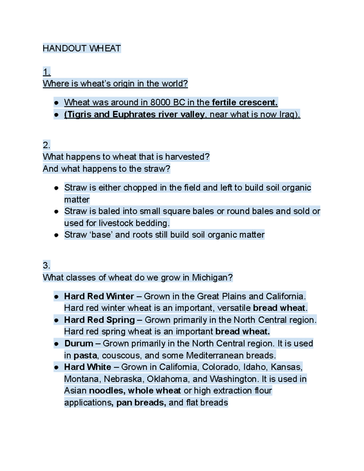 Handout Wheat - HANDOUT WHEAT 1. Where is wheat’s origin in the world ...