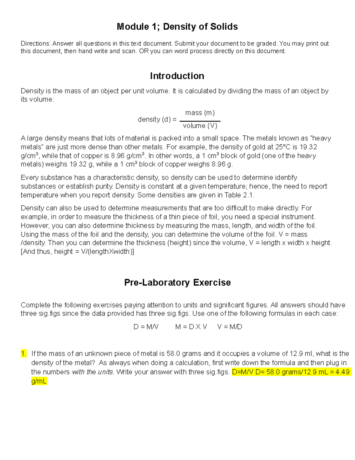 Module 1 Density of Solids - Module 1; Density of Solids Directions ...