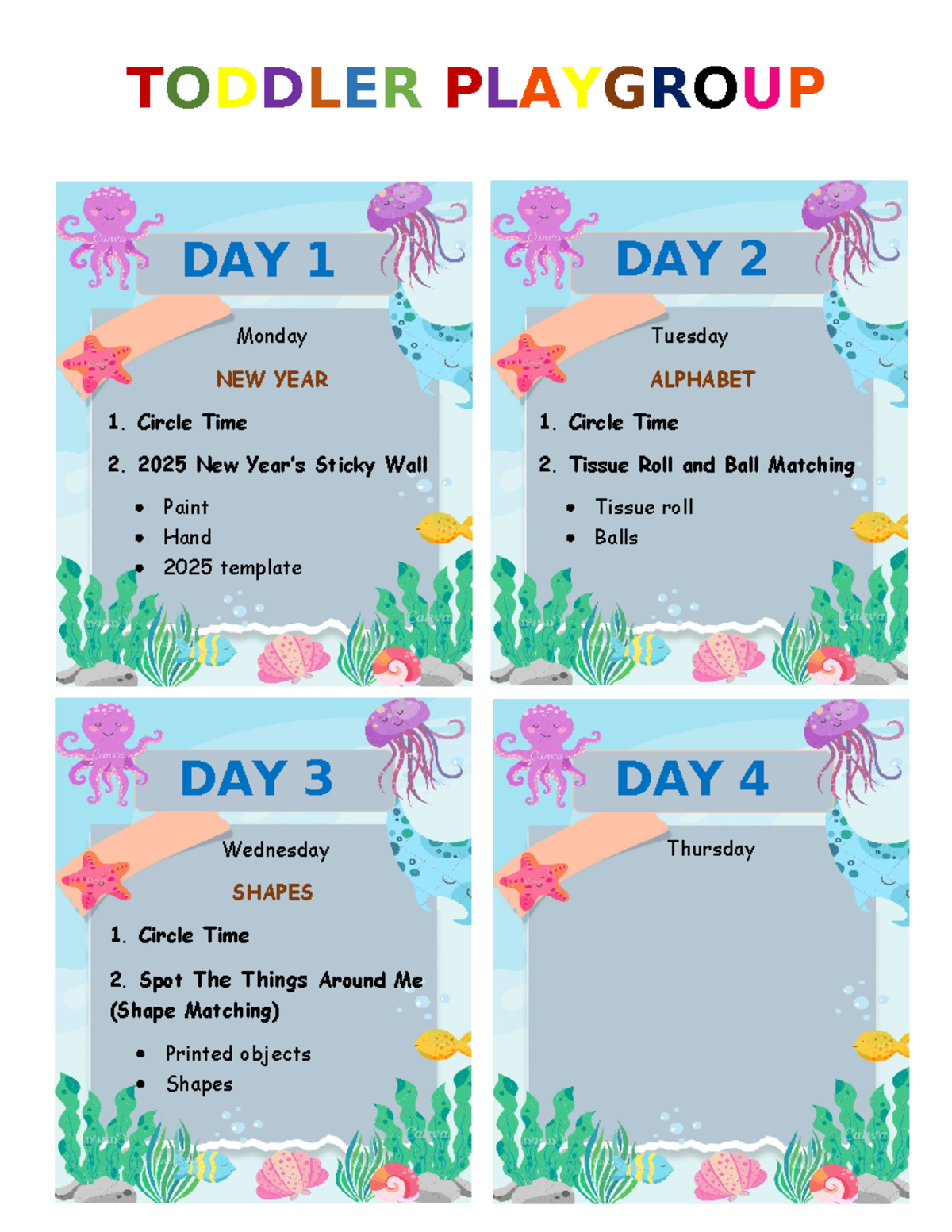 January Activity - n/a - TODDLER PLAYGROUP DAY 1 DAY 2 DAY 3 Monday NEW ...