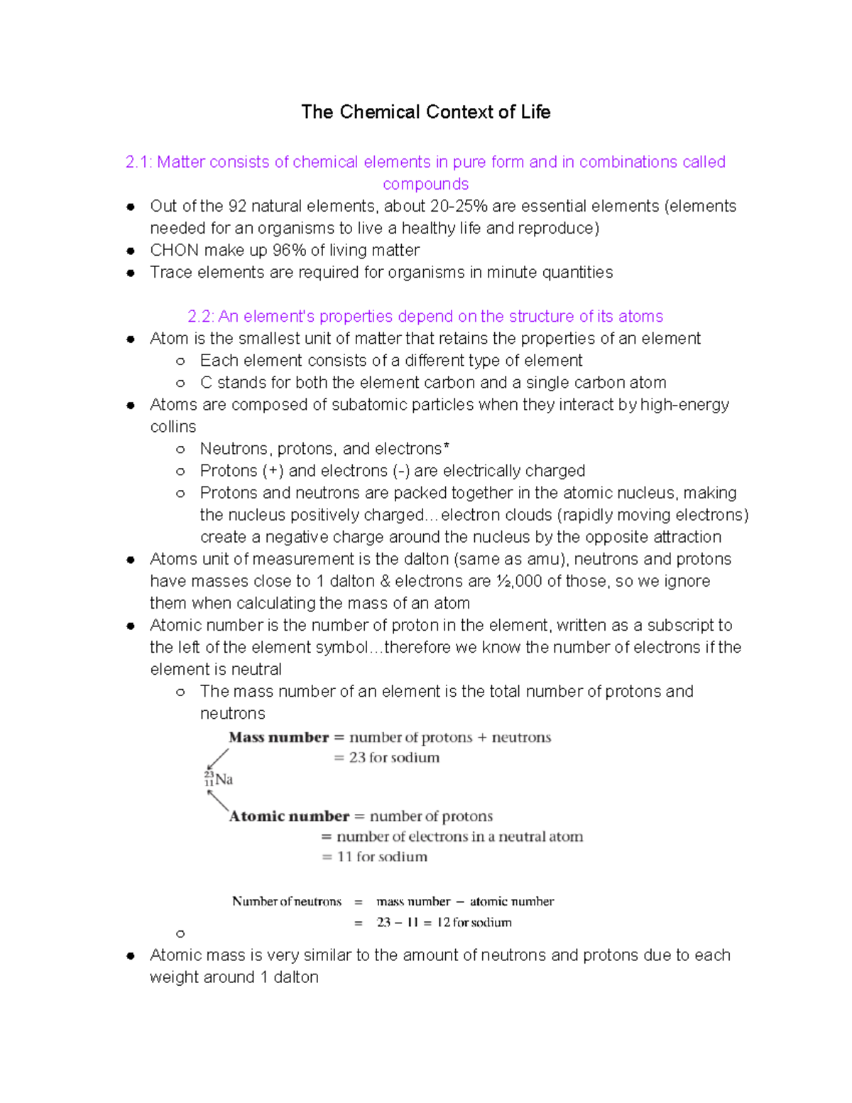 211 Ch. 2 Reading Notes - The Chemical Context of Life 2: Matter ...