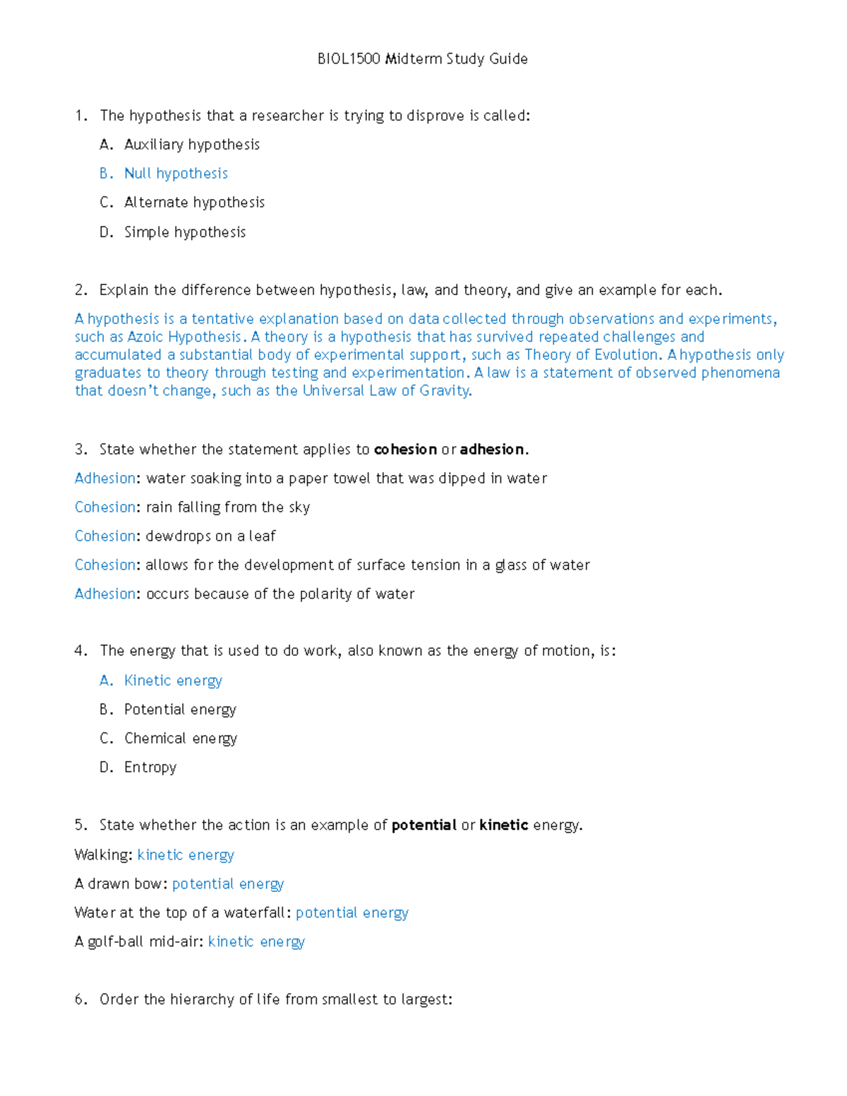 Midterm Study Guide answer sheet - BIOL1500 Midterm Study Guide The ...