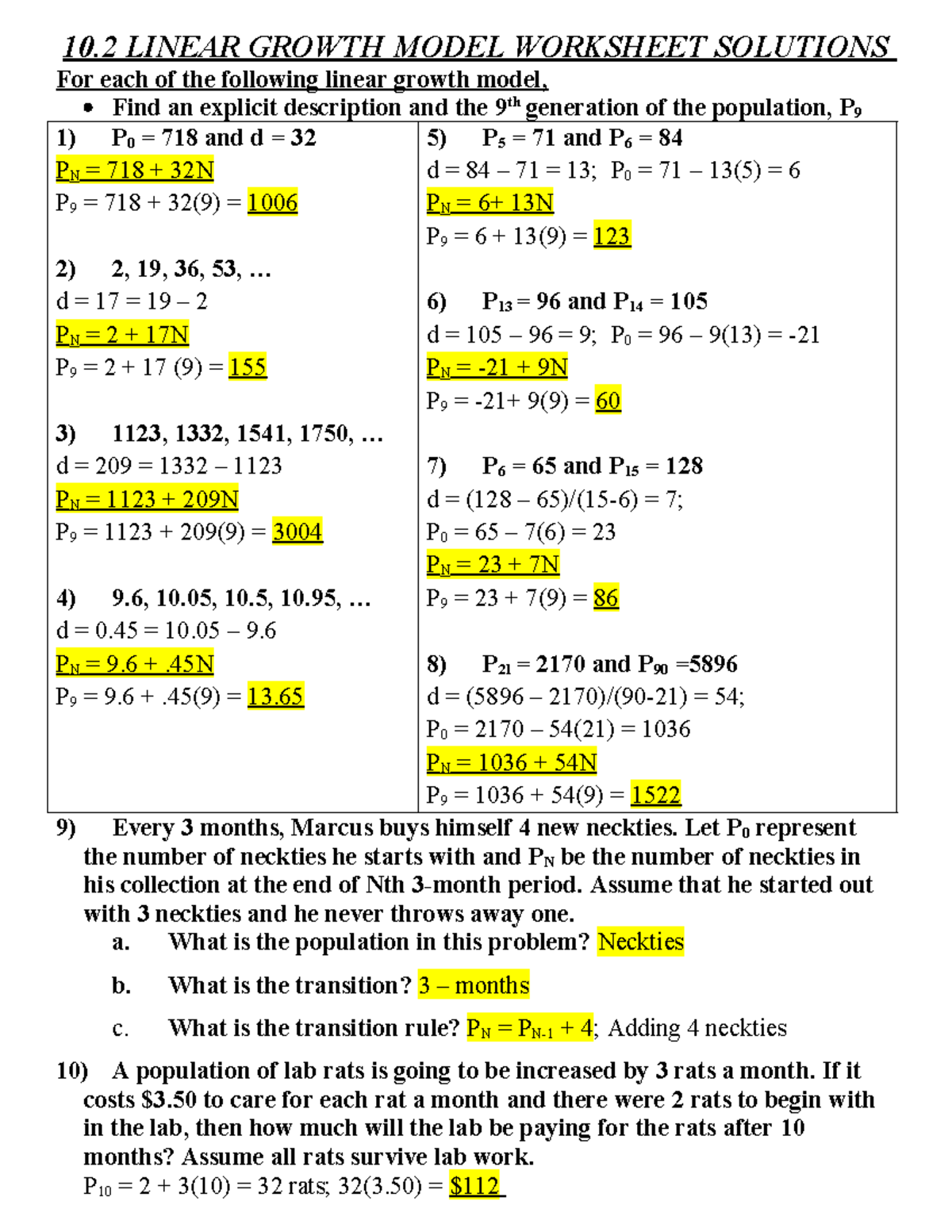 10.2 Linear Growth Model Worksheet Fall 2013 Solutions - 10 LINEAR ...