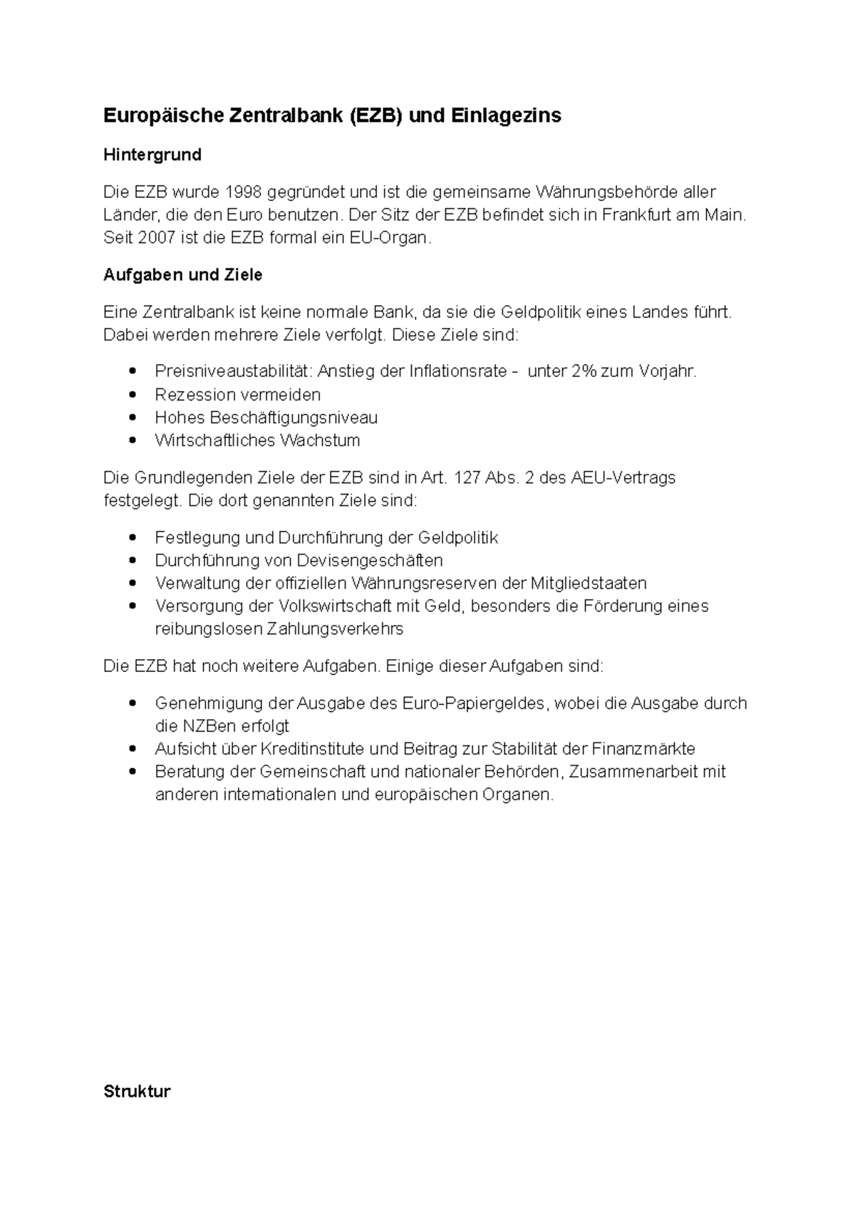 Europäische Zentralbank (EZB) und Einlagezins Zusammenfassung ...