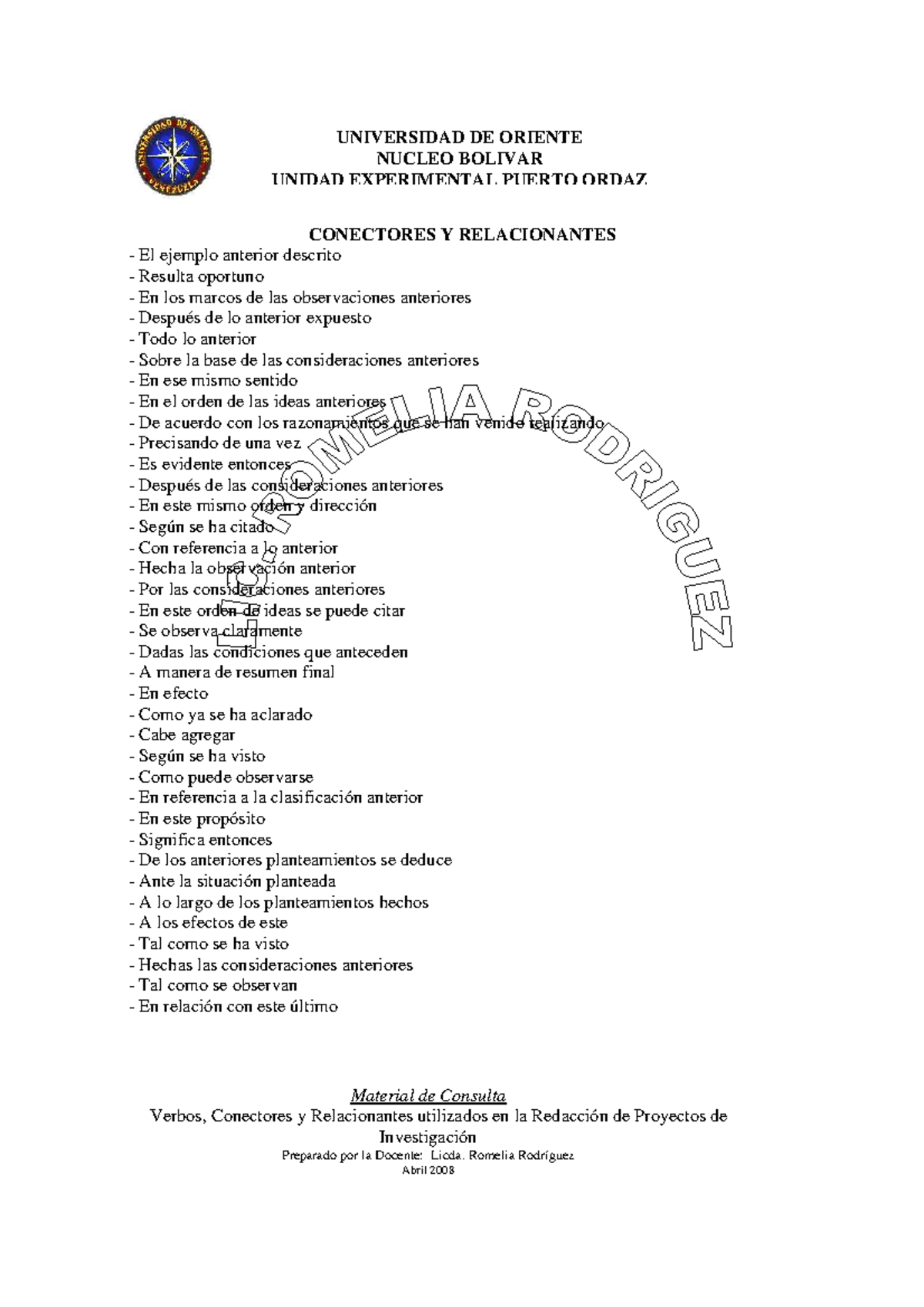 Conectores y Relacionantes - Romelia Rodríguez NUCLEO BOLIVAR UNIDAD ...