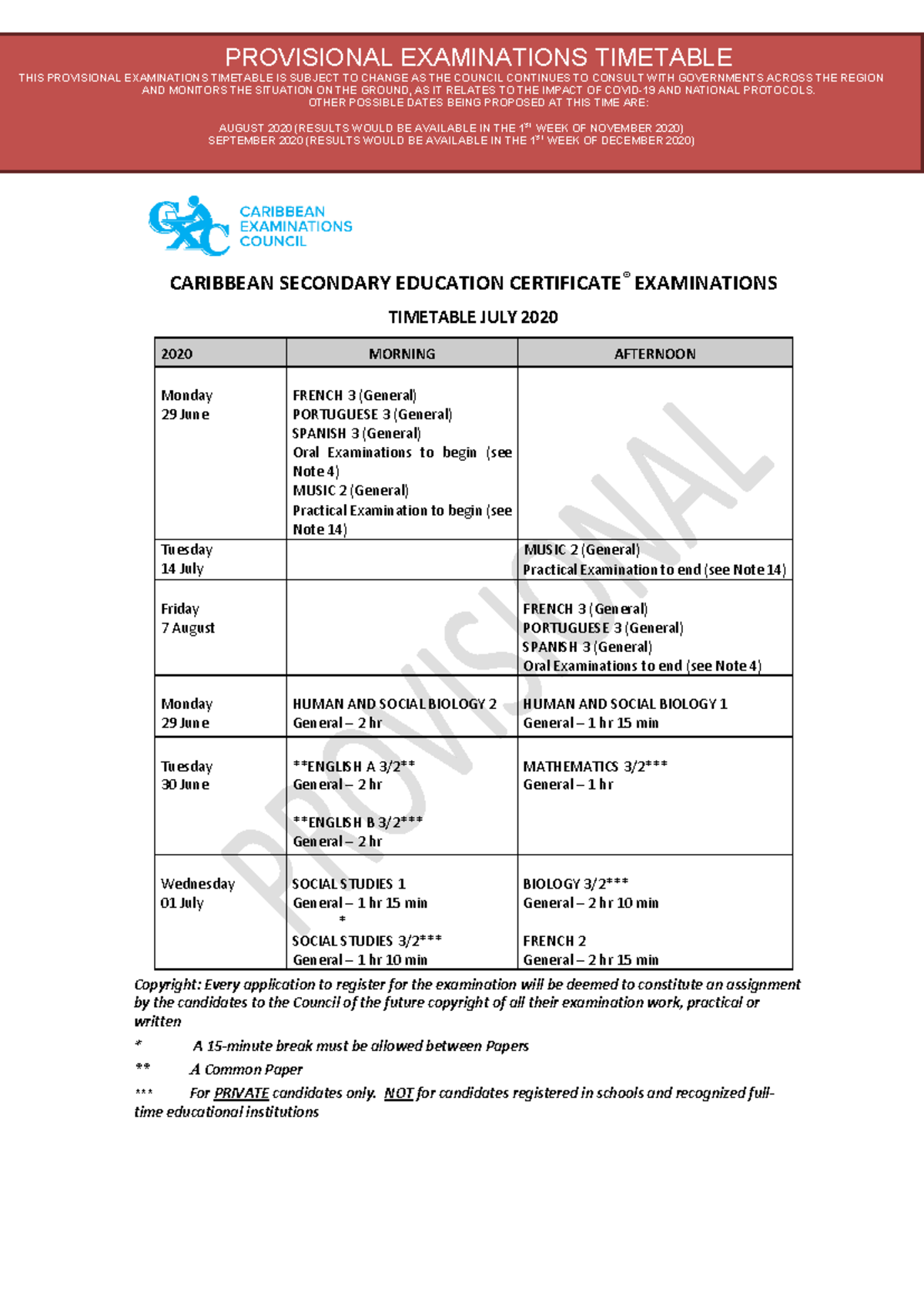 Timetable CSEC July 2020 - PROVISIONAL EXAMINATIONS TIMETABLE THIS ...