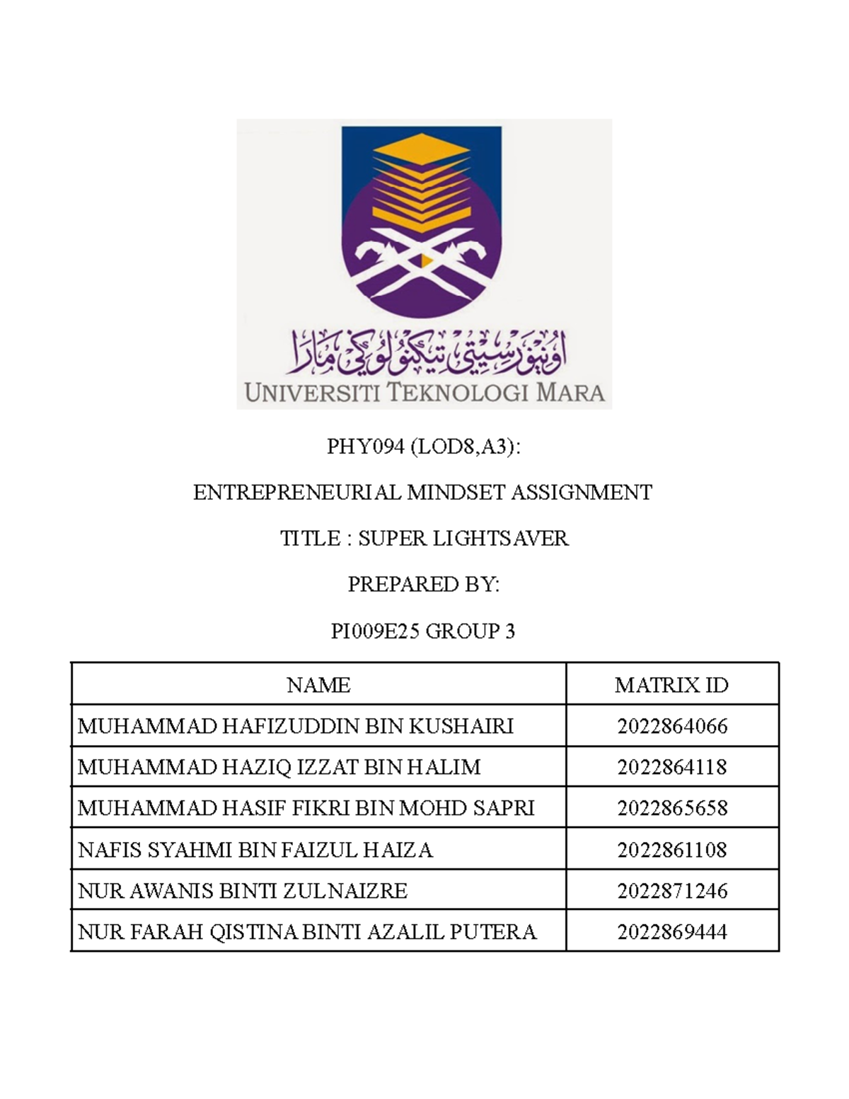 PHY094 Entrepreneurial Mindset Assignment Group 3 PI009E25 - PHY094 (LOD8,A3): ENTREPRENEURIAL ...