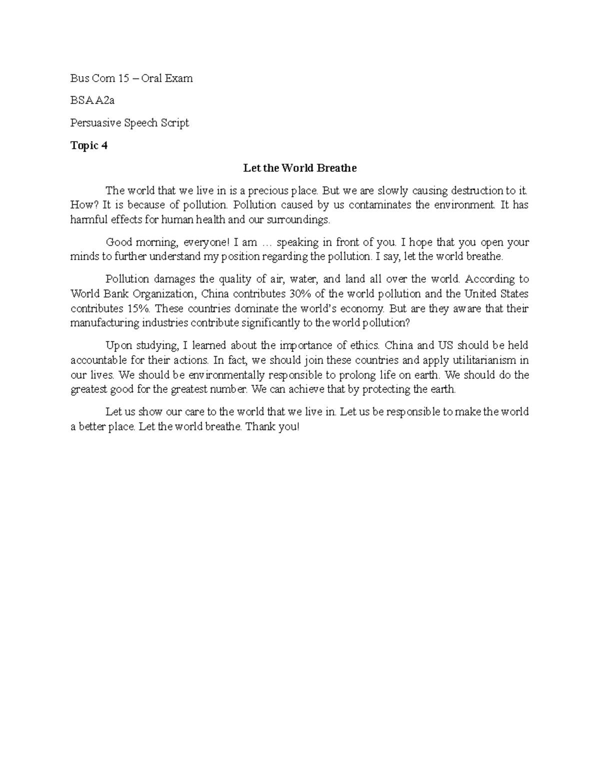 Bus Com 15 - Oral Exam Script - Bus Com 15 – Oral Exam BSA A2a ...