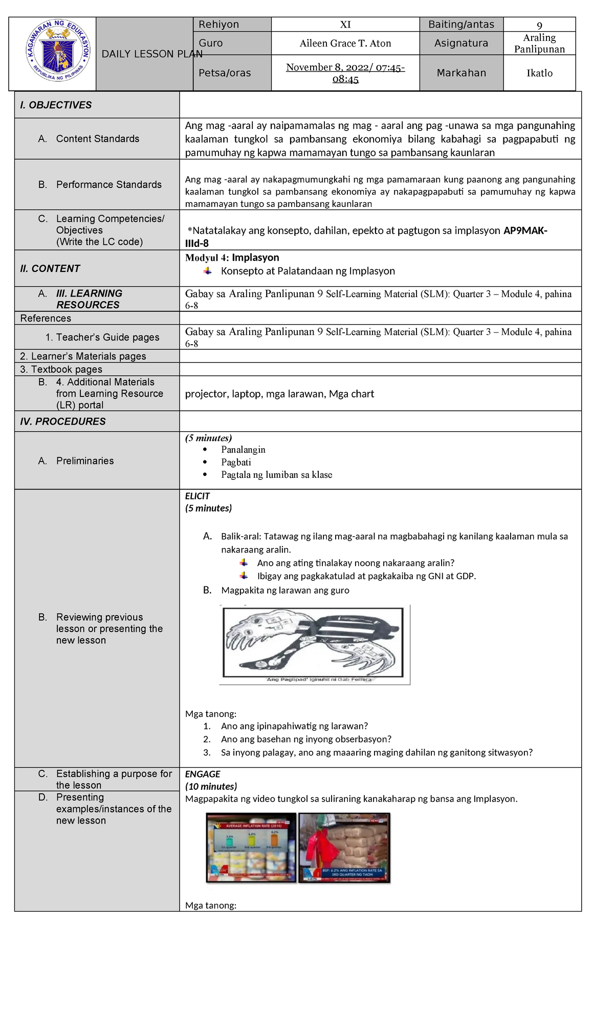 DLP - Aralpan-day 1 - dlp - I. OBJECTIVES A. Content Standards Ang mag ...